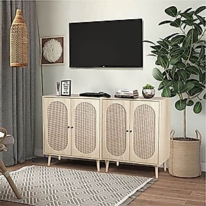 Rattan 2 Doors Buffet Sideboard Cabinet, 2 Tier Adjustable Shelves Accent Cabinet, Free Standing Console Table Sideboard Buffet Cabinet for Entryway Kitchen Dining Room, Natural
