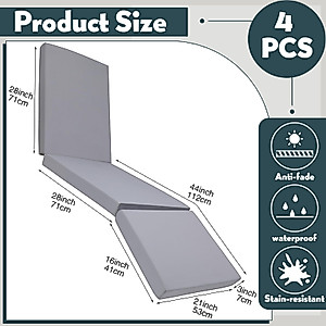 Pinkunn Chaise Lounge Cushion Waterproof Outdoor Lounge Chair Cushions 21 x 72 x 3 Inch Bench Seasonal Replacement Cushions for Summer Patio Bench Pool Beach (Gray,4 Pcs)