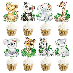 24pcs Jungle Safari Animal Cupcake Toppers Wild Animal Cake Toppers Jungle Party Decoration for Safari Jungle Theme Birthday Party Baby Shower Supplies