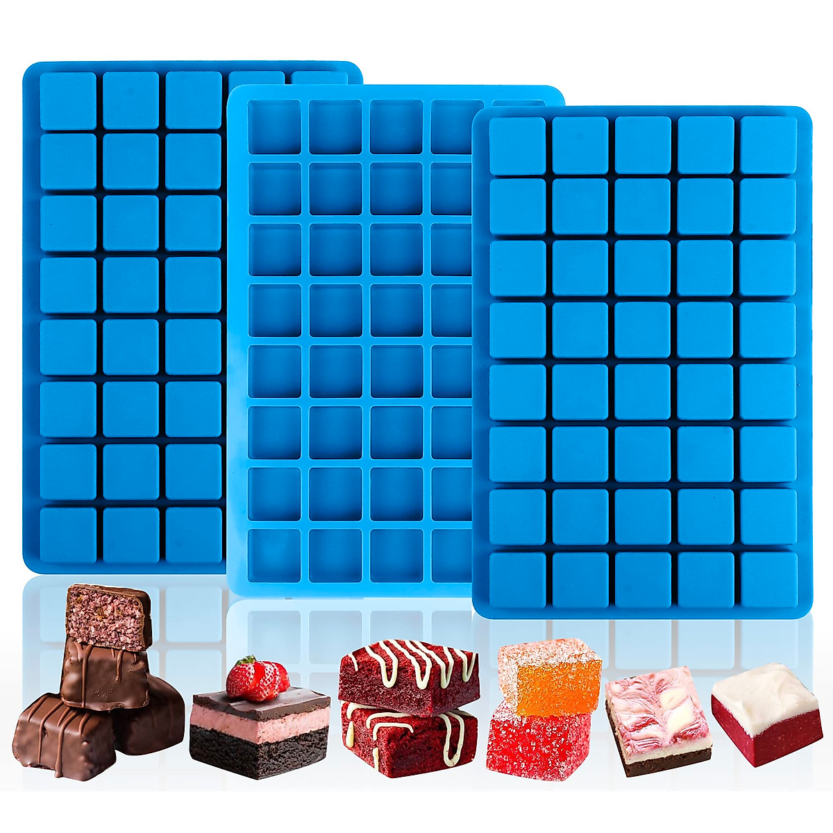 Sidosir 3Pcs Square Caramel Candy Mold Silicone, 40-Cavity Gummy Silicone Molds for Fat Bombs, Chocolate Truffles Mold for Hard Candy, Ice Cube (3, Blue, 1.18INCH)