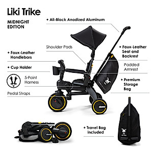 Doona Liki Trike, Midnight Edition - 5-in-1 Compact, Foldable Tricycle - Suitable for Toddlers 10 to 36 Months