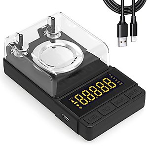 Reloading Scale 50 x 0.001g High Precision Gem Scale Supplement Powder Scale Milligram Includes 20g Calibration Weight, 2 Scoops, 4 Weighing Powder Pans Tweezers Read in Grain Gram Carat DWT oz ozt