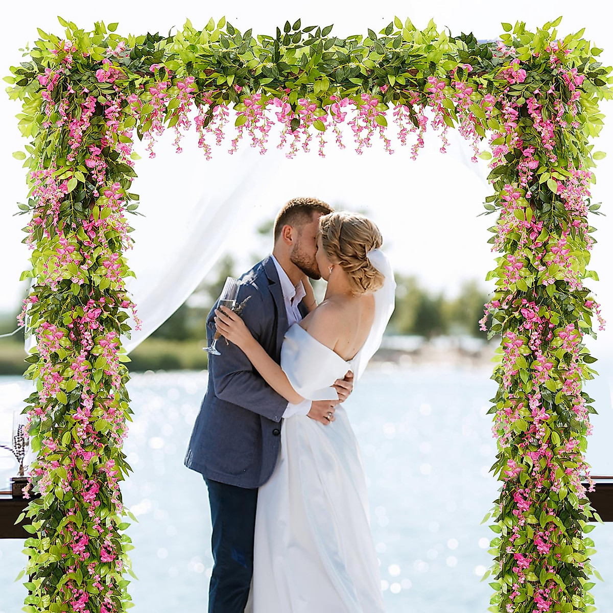 Dolicer 4Pcs 6.6Feet Artificial Flowers Silk Wisteria Garland Artificial Wisteria Vine Rattan Silk Hanging Flower for Home Garden Outdoor Ceremony Wedding Arch Floral Decor, Purplish Red