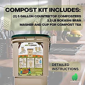 Bokashi Compost Starter Kit - Includes 2.2lb's Organic Bran, 2 Airtight Bins, Masher, Strainer, Cup for Compost Tea, and Detailed Composting Instructions. Attractive Kitchen Compost Bin.