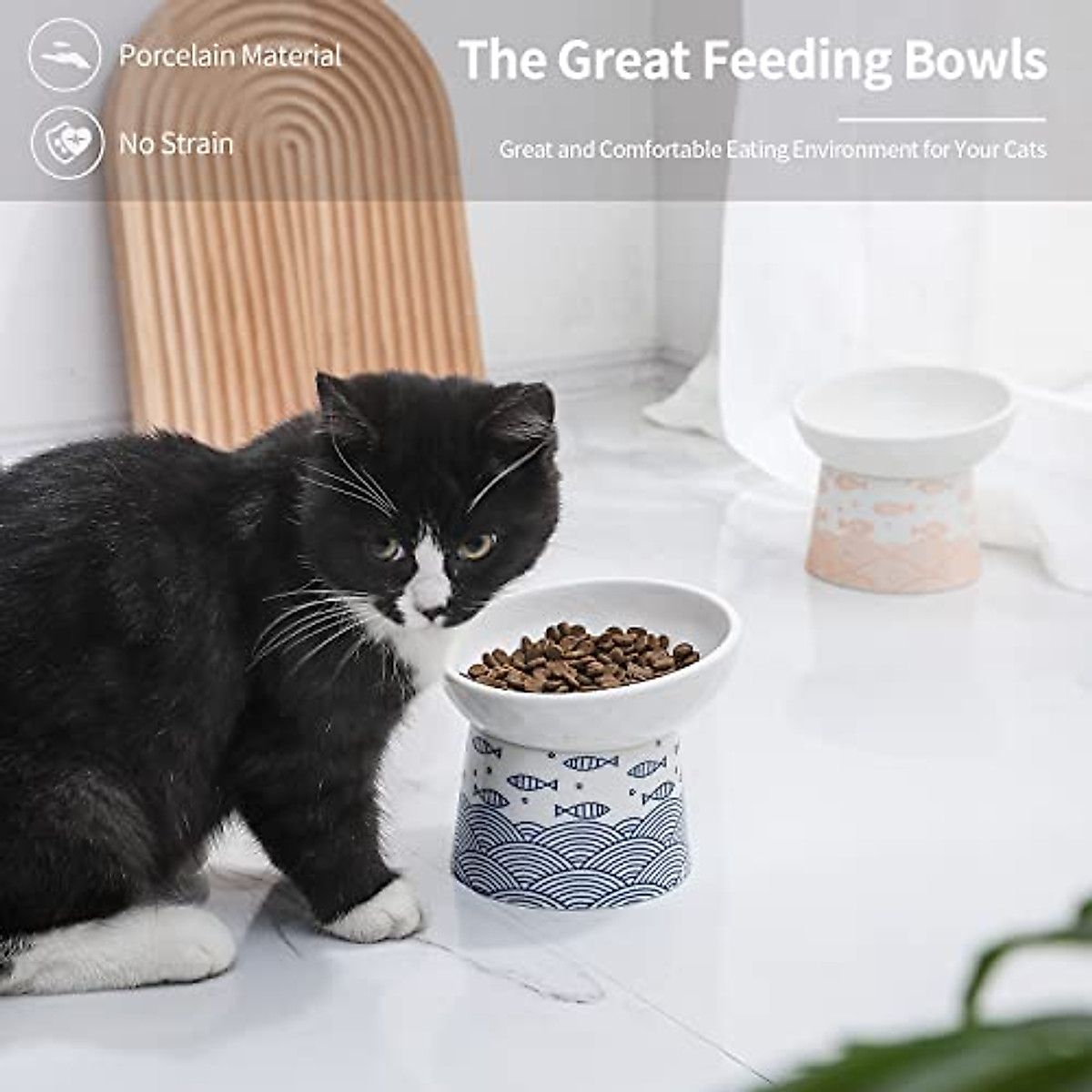 Ceramic Raised Cat Bowls, Elevated Tilted Cat Food and Water Bowls Set, Porcelain Stress Free Pet Feeder Dish for Cats and Small Dogs, Dishwasher and Microwave Safe, Set of 2