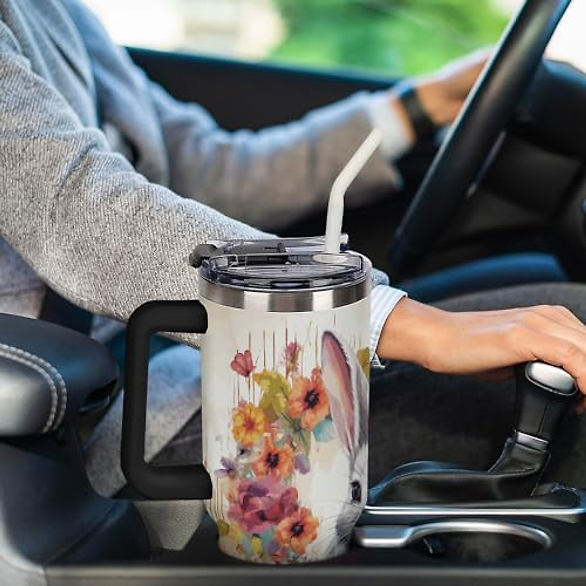 40 Oz Vacuum Tumbler with Black Handle Leakproof Insulated Tumbler Watercolor Rabbit And Flowers Stainless Steel Travel Mug with Lid And Straw Coffee Cup Cute Water Bottles Cup Holder Friendly