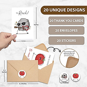 20 Funny Thank You Cards (4"x6") with 20 Envelopes & Stickers, Funny Encouragement Greeting Congratulations Cute Cards for Bestie Friend Teacher, Cartoon Cute Thank You Cards for All Occasions