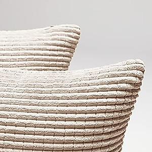 Deconovo Throw Pillow Covers Corduroy 18x18 Inch Cream Stripe Pattern Square Soft Cushion Covers for Couch Bedroom Sofa Living Room Bed Chair Solid Pack of 2