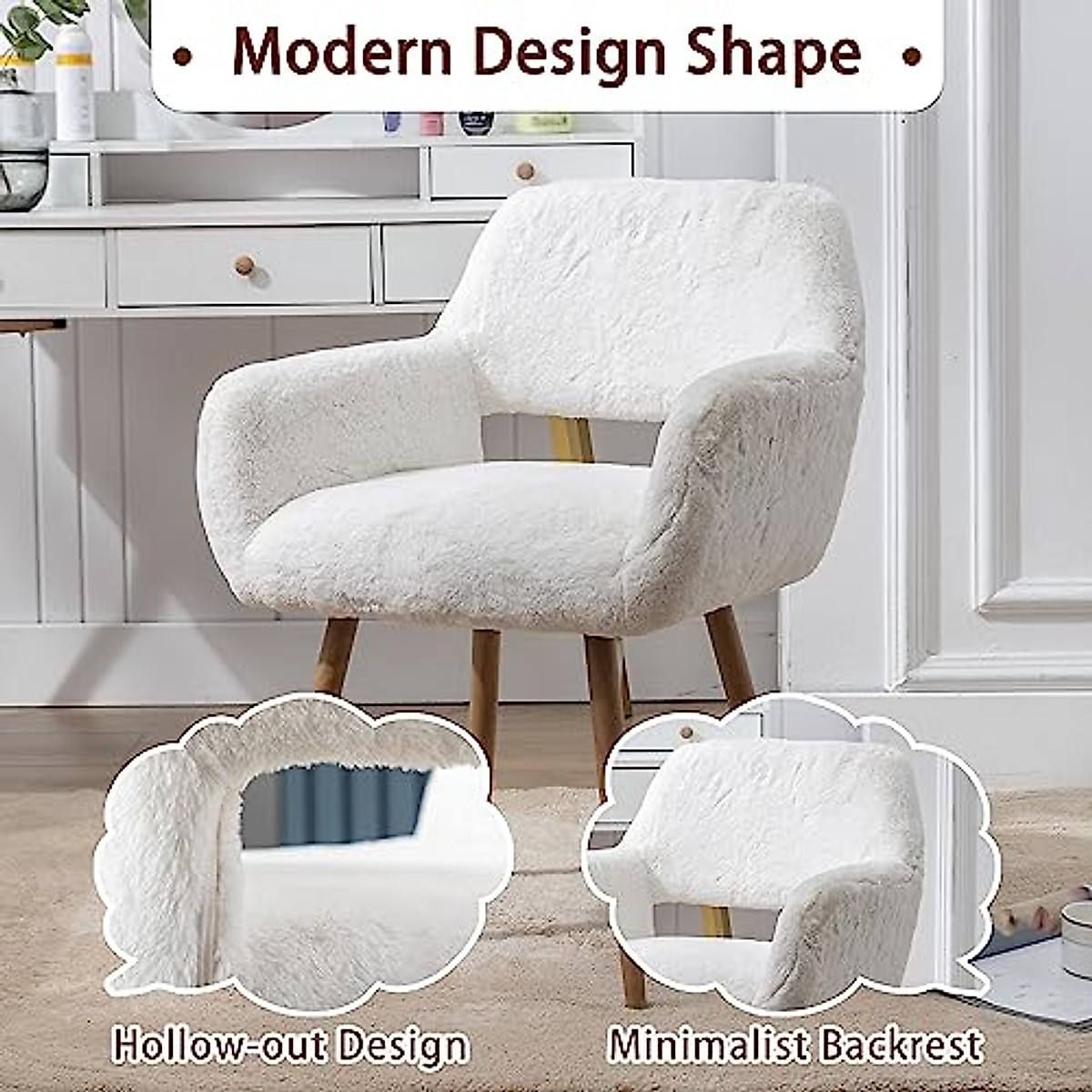 GOOLON Desk Chair No Wheels 1 PC, Modern Fluffy Office Chair, Furry Vanity Chair for Bedroom with Hollow-Out Backrest Comfy Armrest Soft Cushion Sturdy Wood Frame with Metal Legs for Home, White