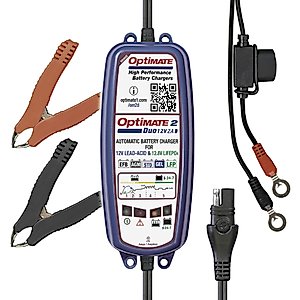 Tecmate Optimate 2 Duo, TM-551, Bronze Series: 5-Step 12V / 12.8V 2A Sealed Battery Charger & maintainer, Blue