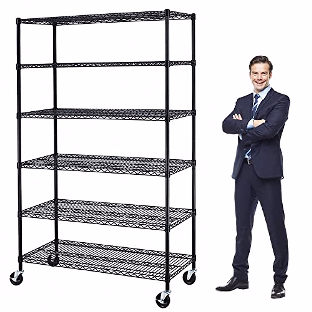 YYkokocat 6000Lbs Capacity Heavy Duty Storage Shelves Commercial Wire Shelving Unit and Storage Adjustable NSF 6 Tier Metal Rack Shelf on Wheels for Garage Basement, 76 H x 48 L x 18 D - Black
