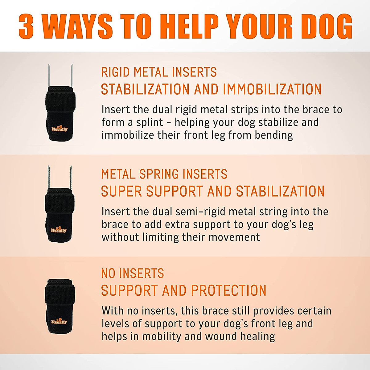 NeoAlly - 3-in-1 Dog Splint Front Leg Support, Front Leg Brace with Rigid and Spring Inserts, Dog Leg Sleeve for Pet Mobility, Stability, & Protection, With Reflective Straps, L-XL, 1 Pair