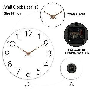 cicininc 14 Inch Wall Clock - Wooden Silent Wall Clocks Battery Operated Non Ticking, Modern Simple Clock for Bathroom, Office, Bedroom, Home, Kitchen, Living Room(14"-White)