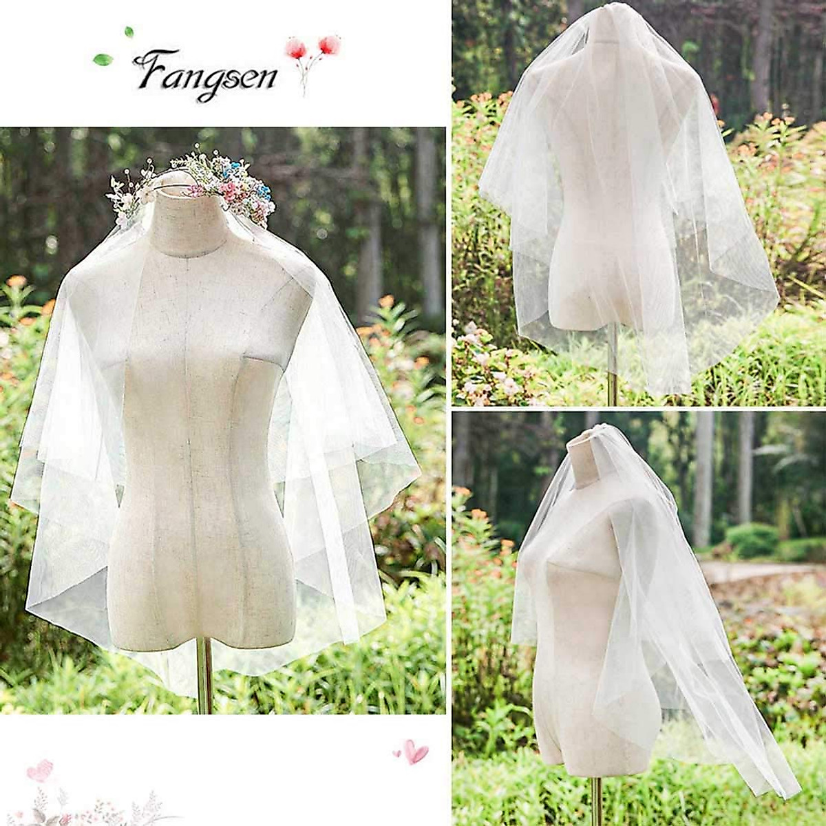 Fangsen Wedding Bridal Veil with Comb 2 Tier Tulle Short Wedding Veil Fingertip Length （ 2T Fingertip Light Ivory）
