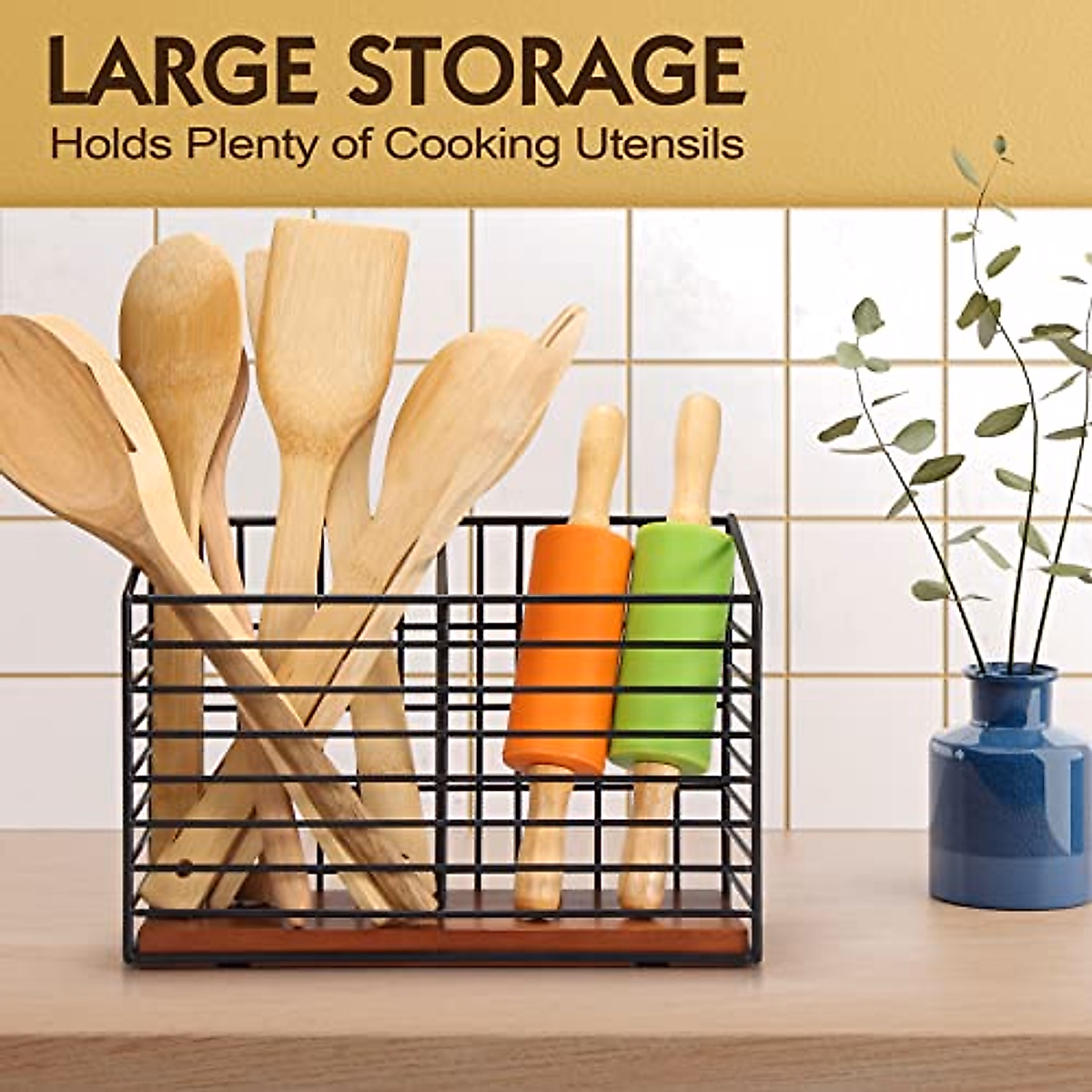 THYGIFTREE Kitchen Utensil Holder for Counter Large Black Metal Cooking Utensil Organizer for Countertop Utensil Crock with Wooden Base Spatula Holder Modern Farmhouse Utensil Caddy