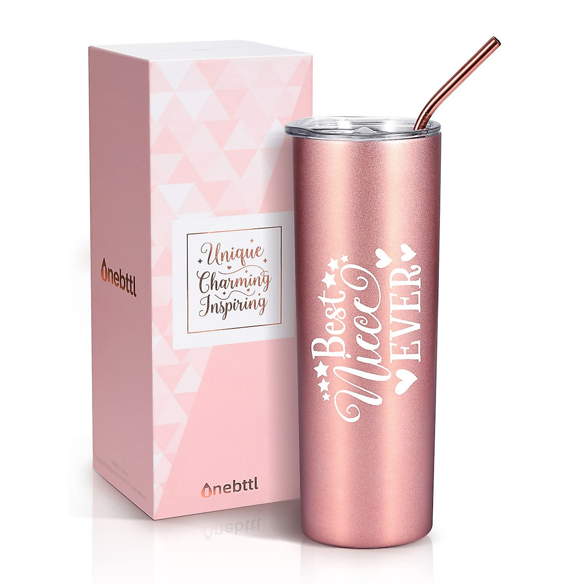 Onebttl Niece Gifts from Aunt, Best Niece Ever Birthday Gifts, Insulated Stainless Steel Wine Tumbler with Lid and Straw, from Uncle, Perfect for Birthday, Christmas, Rose Gold - 20oz/590ml
