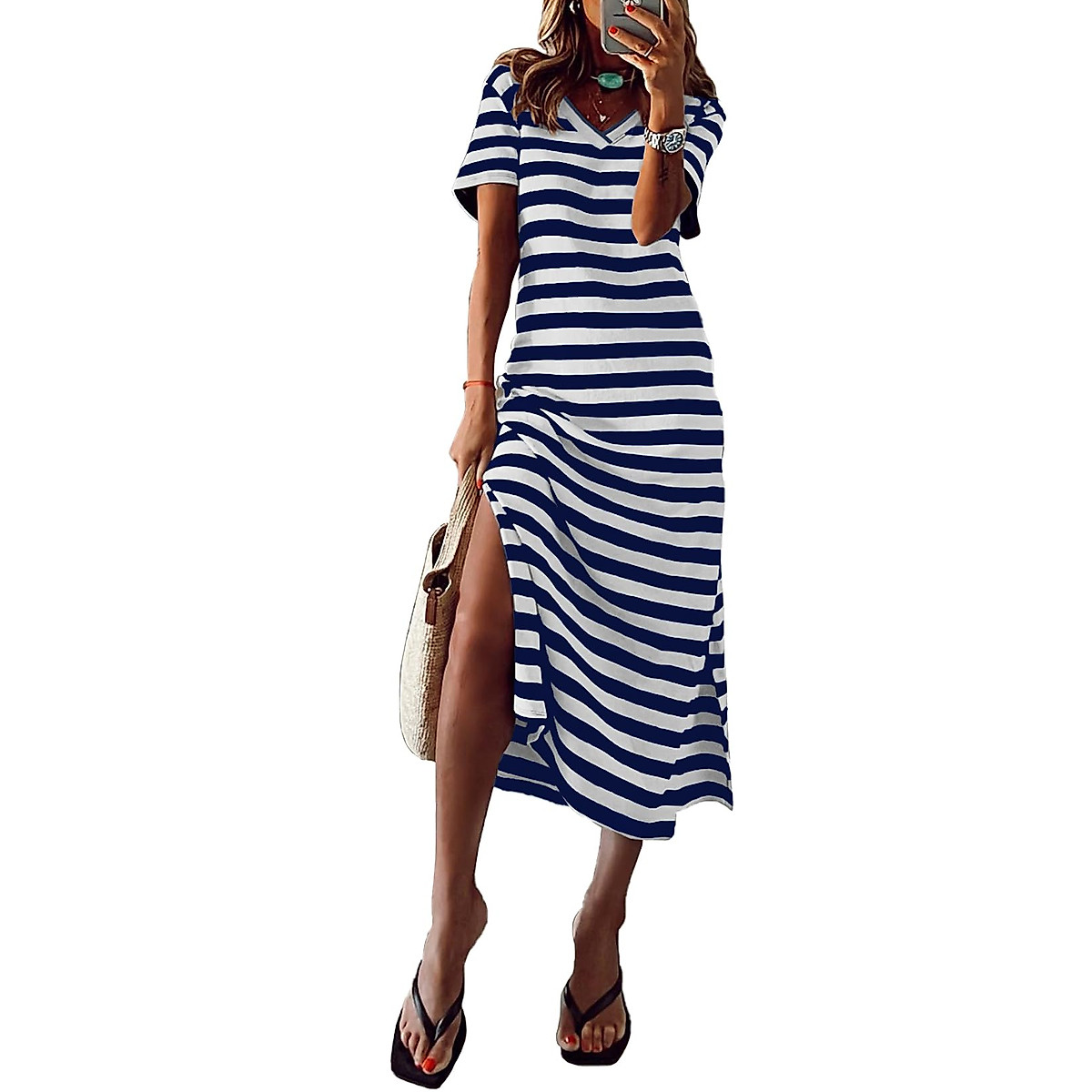 MARZXIN Women 2025 Casual Maxi Dress Short Sleeve V Neck Stripe Sundress Split Loose Long Summer Tshirt Activewear Dress Blue L
