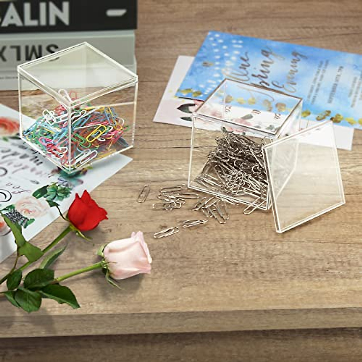 Hewomate Acrylic Boxes for Display, 3.3x3.3x3.3 Inches 4 Pack Clear Plastic Acrylic Favor Boxes, Small Acrylic Box with Lid, Square Cube Storage Containers for Candy Jewelry Pill and Tiny Item