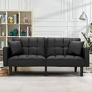 AVAWING Futon Sofa Bed, Modern Leather Convertible Sofa Bed Upholstered Sleeper Sofa Couch Bed with Adjustable Back, Arms and High Strength Nylon Legs for Living Room, Apartment, Office（Black）