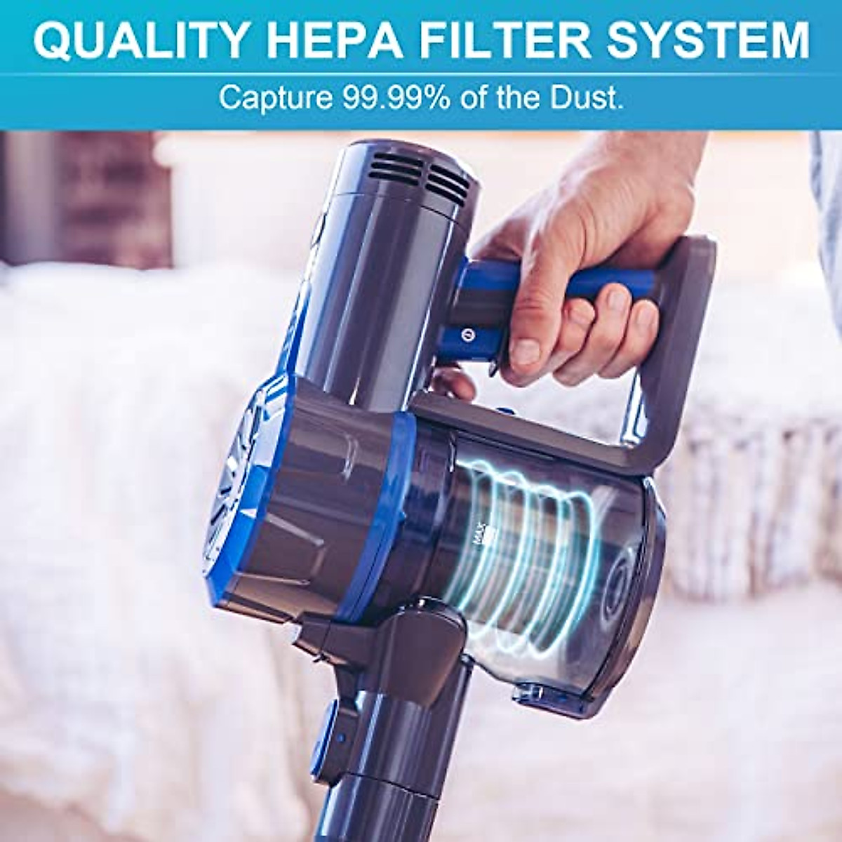 EIOEIR Cordless Stick Vacuum Cleaner with High Efficiency Filtration, Versatilet Lightweigh Vac for Hardwood Floors, Up to 45 Min Run Time, 3 Power Modes, Blue