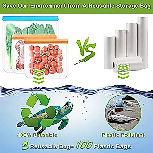 BLOCE Reusable Ziplock Bags Silicone, 3 Pack BPA FREE Flat Freezer Bags, FDA Grade Leakproof Reusable Vacuum Bags, Lunch Bags For Meat Fruit Cereal Snacks