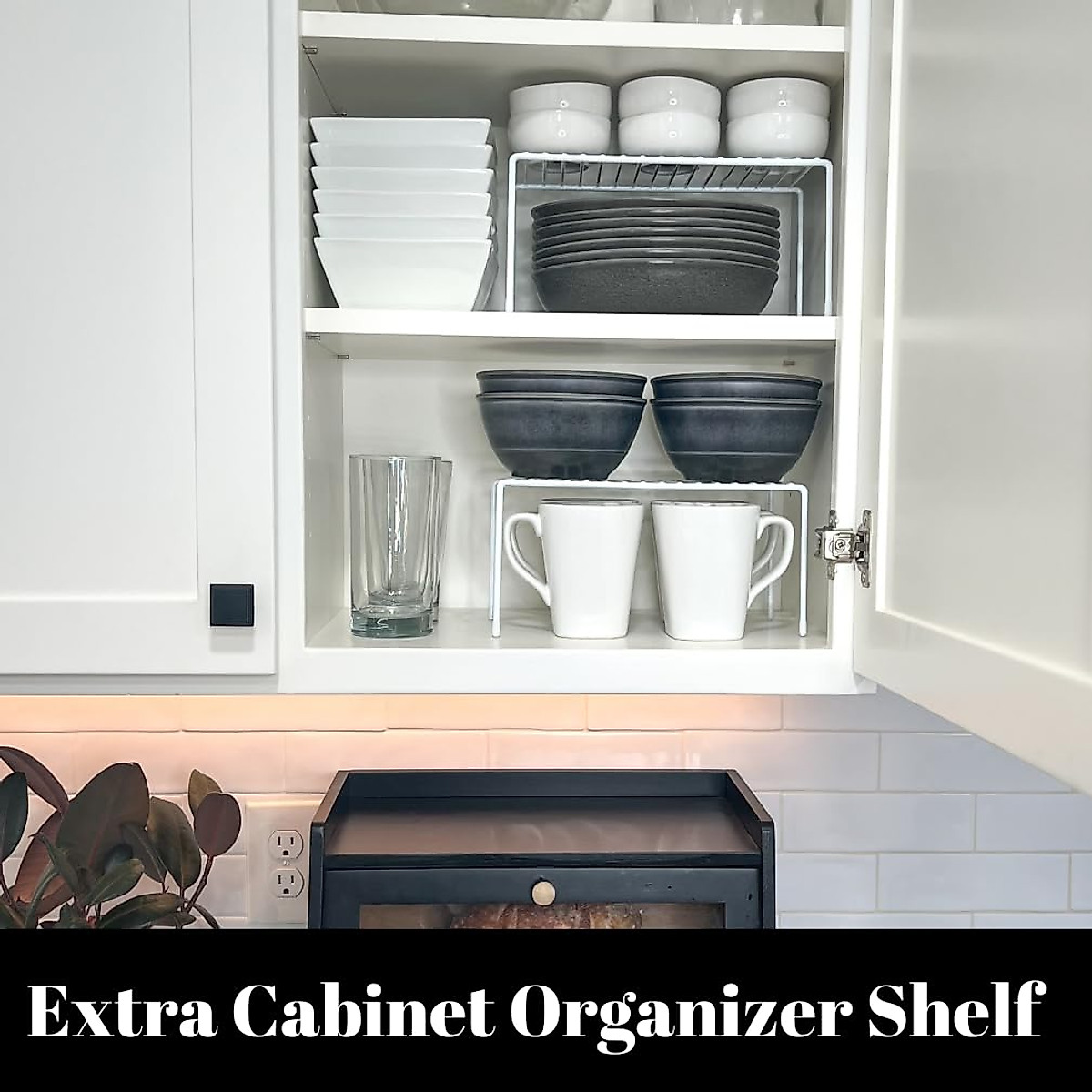 Evelots 2 Pack Kitchen/Bathroom/Pantry/Freezer/Office Extra Shelf-Cabinet Organizer-Double Space-Sturdy Metal-Scratch Resistant PE Plastic Coating-Plastic Feet-White