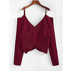 ZAFUL Women's Cold Shoulder Twist Knot Pullover Sweater V Neck Criss Cross Long Sleeve Cami Knitted Jumpers Crop Tops