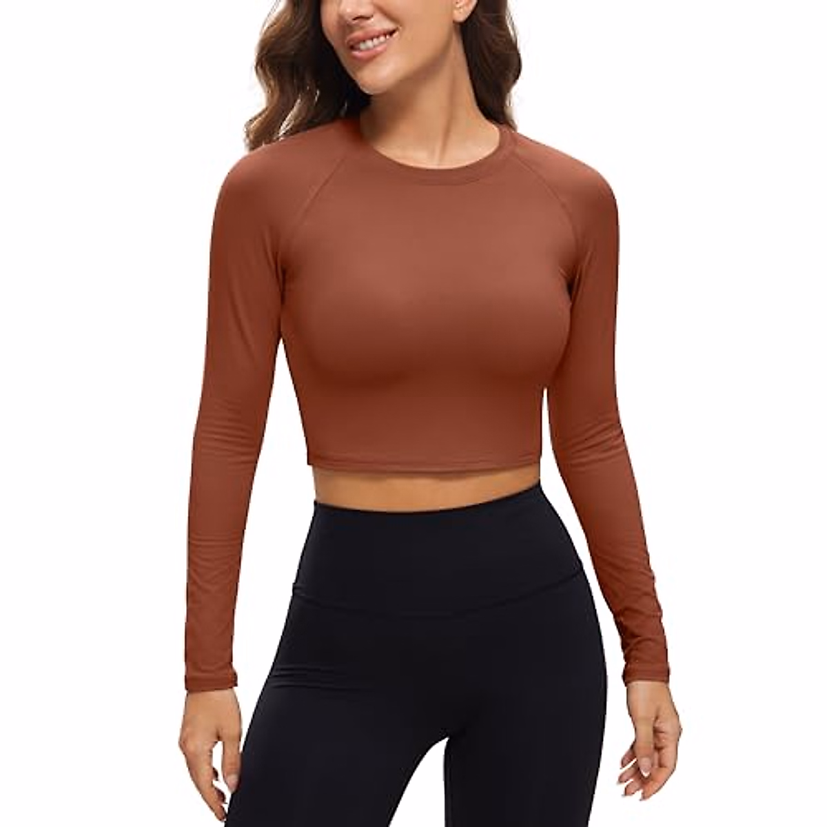 CRZ YOGA Womens Long Sleeve Crop Workout Tops Athletic Yoga Running Cropped Tops Slim Fit Gym Shirts Jujube Brown Medium