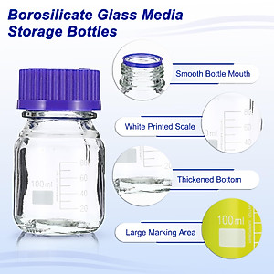PATIKIL 8 Pack Reagent Media Storage Bottles, 100ml Borosilicate Glass Graduated Round Bottles with GL45 Blue Screw Cap for Lab Water Reagent Liquids, Clear