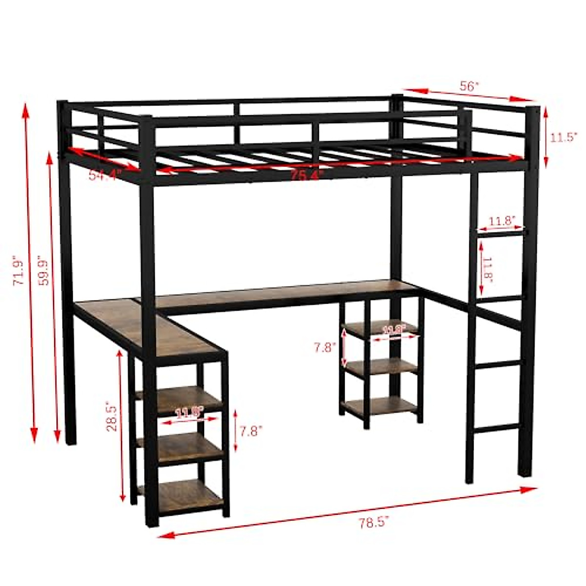 BOVZA Full Metal Loft Bed with Desk and Shelves, Multifunctional Loft Bed with Ladder and Safety Guardrails, Bed Frame for Bedroom, Space Saving, Black