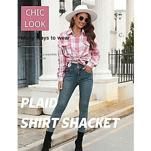 happlan Flannel Plaid Button Down Shirt Shacket Blouse Tops for Women Oversized(0392-Pink-3XL)