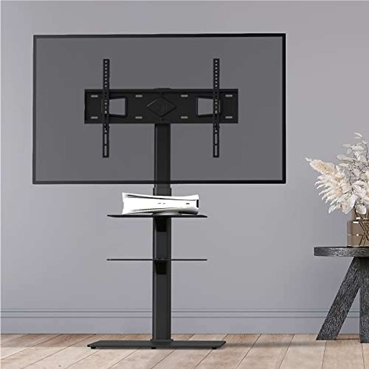 ONKRON Swivel Floor TV Stand for 32-65 Inch TV up to 66 lbs, Tempered Glass TV Stand with Mount max VESA 600x400 - Free Standing TV Stand Adjustable Height/Corner TV Stand with Shelves Black