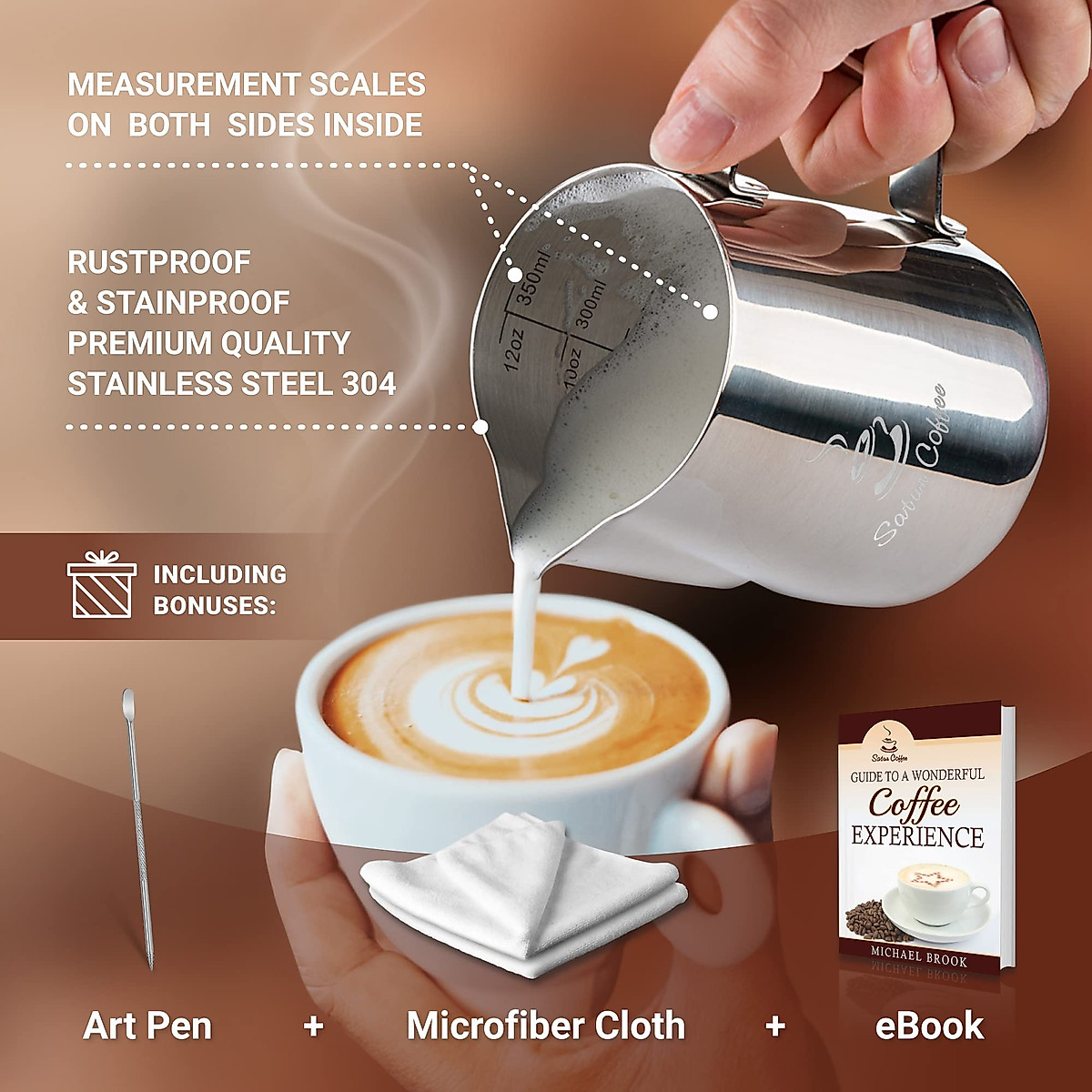 Milk Frothing Pitcher 12oz 350ml - Milk Jug 12 20 30oz - Measurements on Both Sides Inside Plus eBook - Stainless Steel Milk Frother Pitcher Espresso Cappuccino Coffee Latte Art Cup Steaming Pitcher