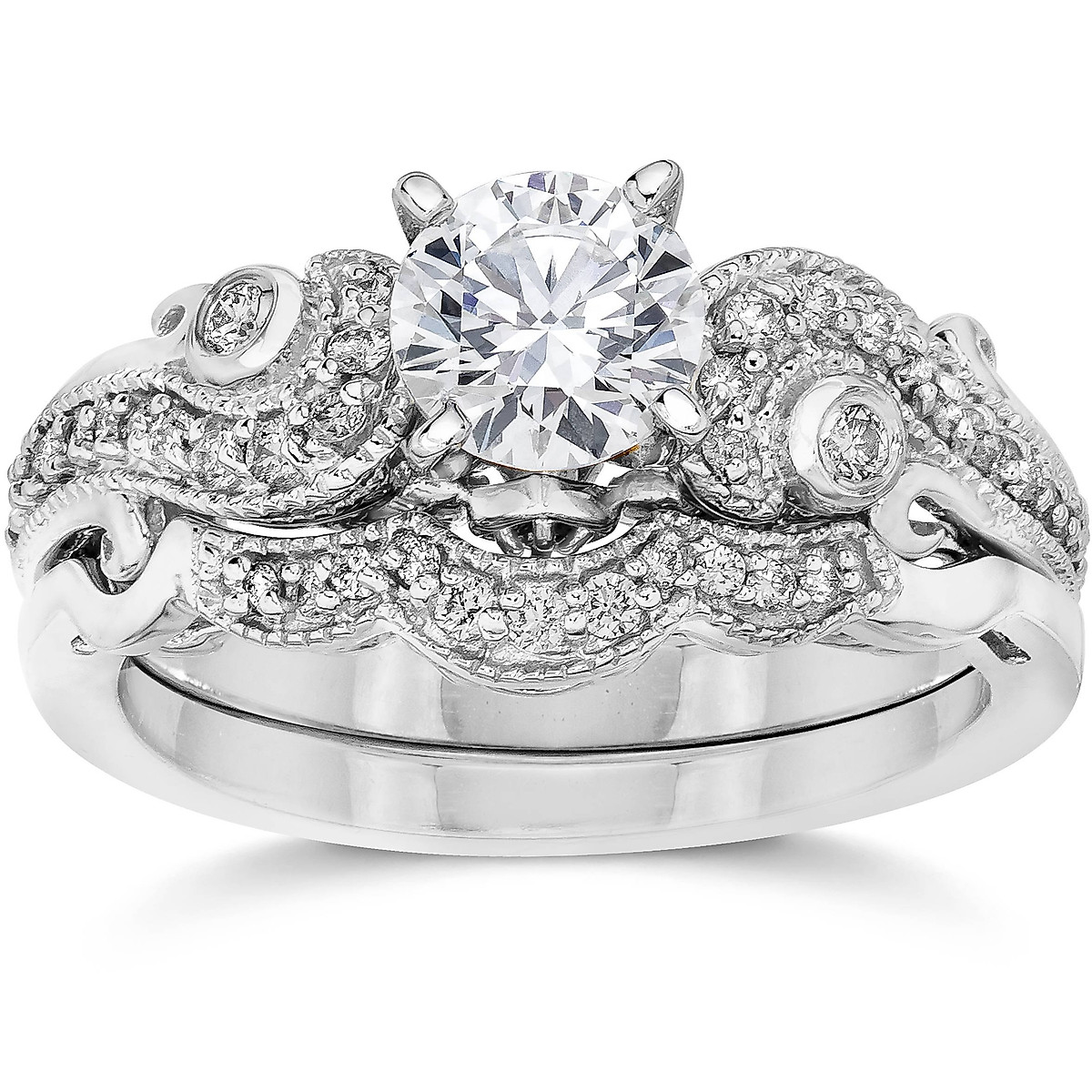 Emery 3/4Ct Vintage Diamond Engagement Wedding Ring Set 14K White Gold - Size 8.5