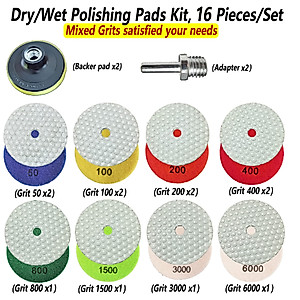 16 Packs Dry Diamond Polishing Pads Set, 4 Inch Dry/Wet Granite Bufffing Pad for Marble Quartz Concrete Stone Tiles - High Temperature Resistance Sanding Kit for Grinder Polisher Drill