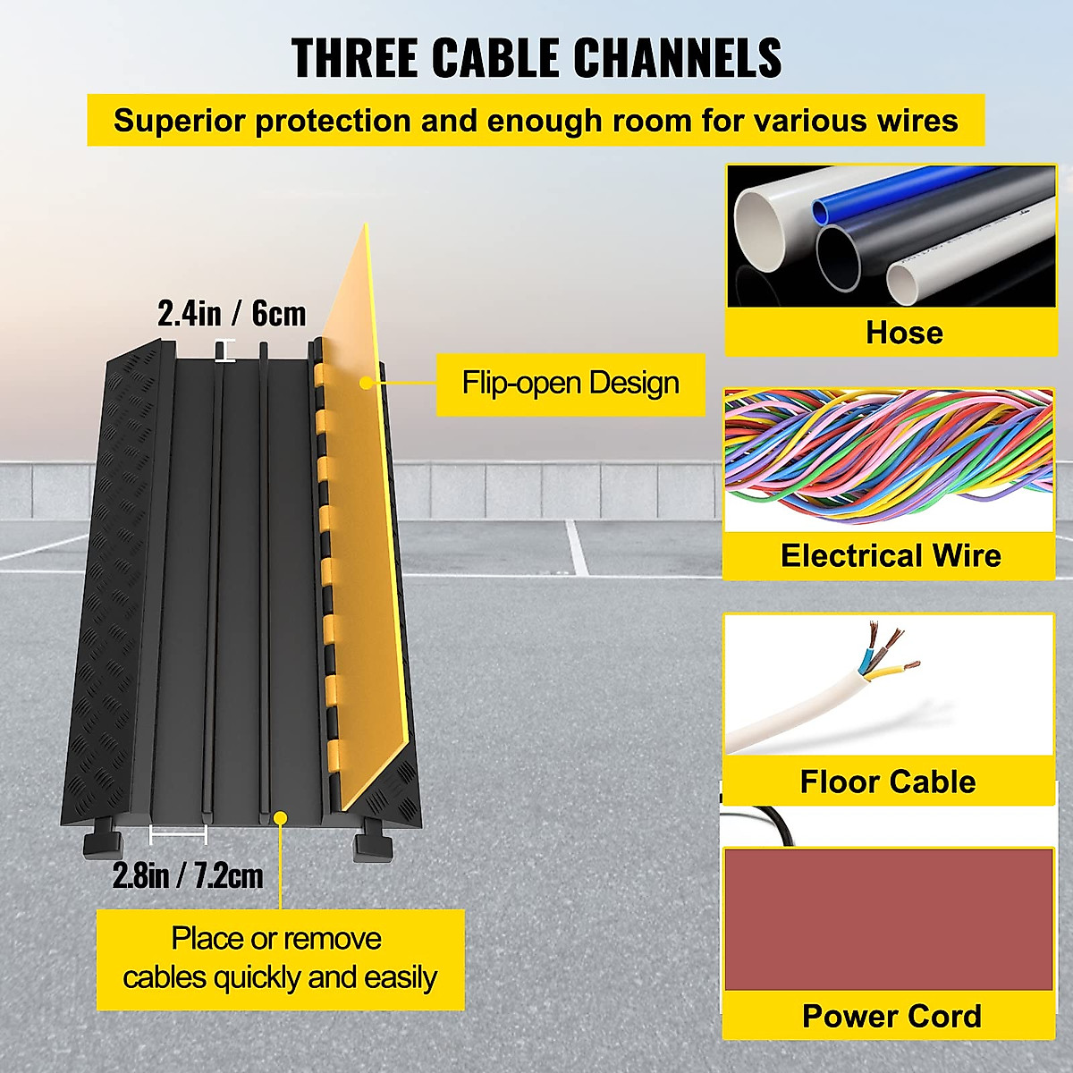 Happybuy 1 Pack of 3-Channel Rubber Cable Protector Ramps Heavy Duty 44000Lbs Load Capacity Cable Wire Cord Cover Ramp Speed Bump Driveway Hose Cable Ramp Protective Cover