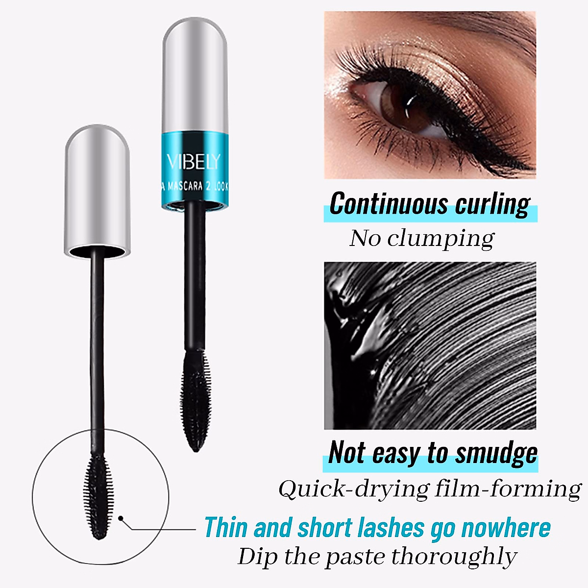 Vibely Mascara 5x Longer Waterproof, 2 in 1 4D Silk Fiber Lash Mascara, Lash Cosmetics Vibely Mascara 5x Longer Washable, Long-lasting Thrive Black Mascara for Natural Lengthening and Thickening (3pcs)