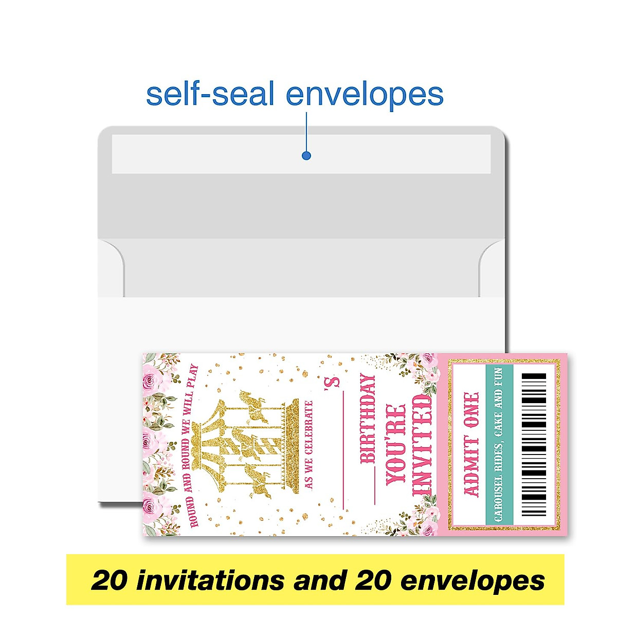 VAHATAN Carousel Birthday Party Invitations 20 Pack Carousel Ticket Invitations with Envelopes Invites Cards for Birthday Party