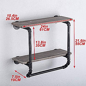 Ucared Industrial Pipe Shelves 2 Tiers Wall Mounted Shelves,Rustic Wall Shelf with Towel Bar,24" Towel Racks for Bathroom Organizer Storage,Wood Metal Wall Mounted Hanging Shelves
