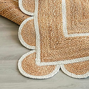 Weaving Village Scalloped Natural Jute Area Rug, Natural Base Off White Trim, 4x6