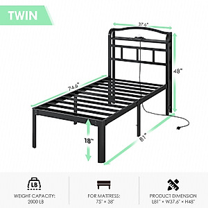 QEROMY Twin Size Bed Frame - Storage Headboard with Galaxy Aurora Star Projector & Charging Station, 18in Heavy Duty Metal Bed Frame No Box Spring Needed, Easy Assembly