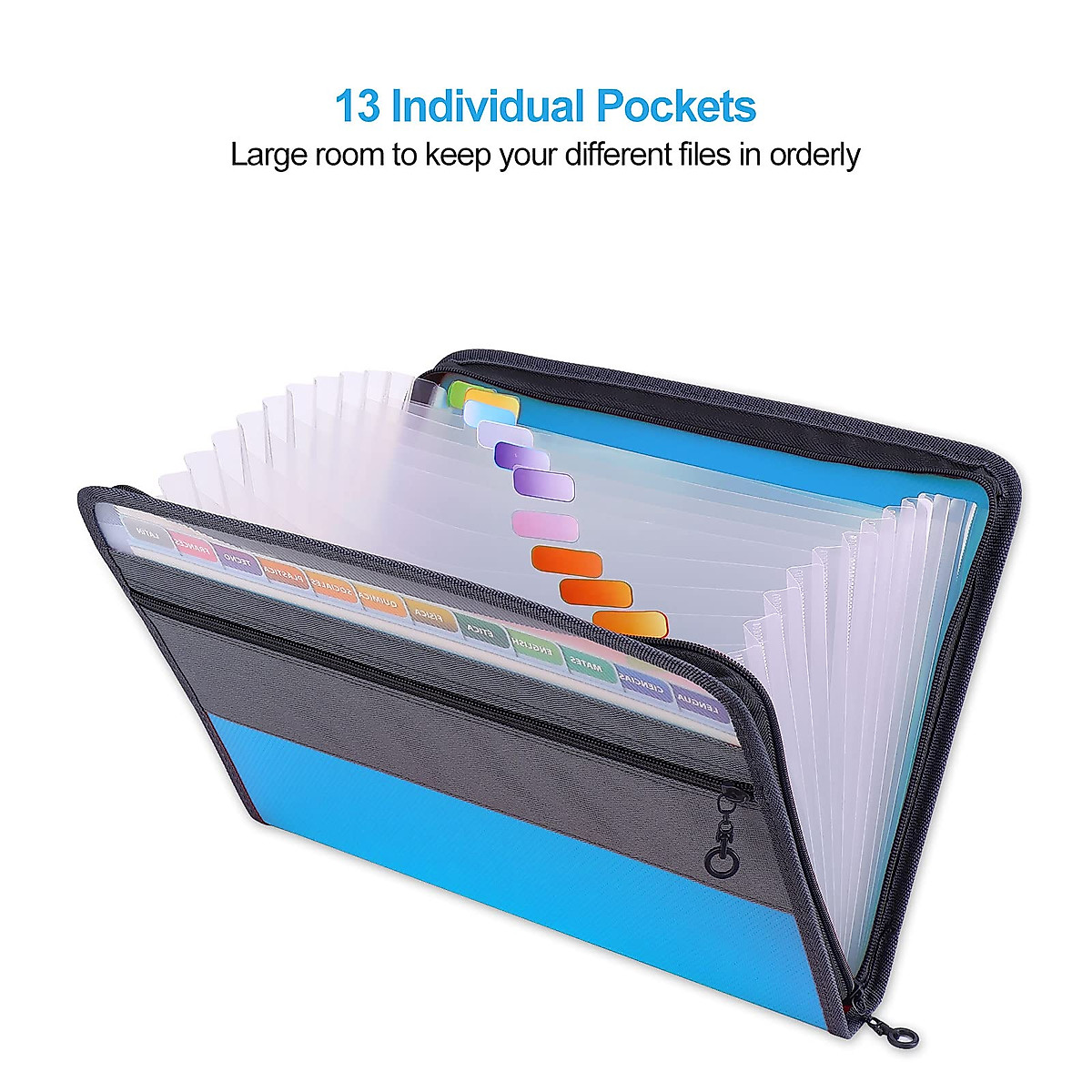 MEGREZ Expanding File Folder with 13 Pockets, A4 Paper File Folder with Zipper Color Labels, Waterproof Accordion File Folder Organizer for Home Office, Blue