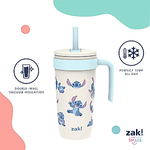 Zak Designs Disney Fairway Travel Tumbler for On the Go or At Home, 18oz Stainless Steel with Vacuum Insulation, Spillproof Silicone Straw, and Carry Handle for Cold Drinks (Stitch)