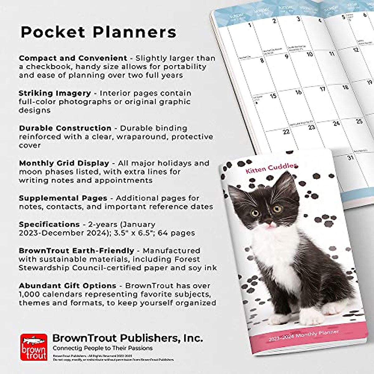 Kitten Cuddles | 2023-2024 3.5 x 6.5 Inch Two Year Monthly Pocket Planner | BrownTrout | Animals Cute Cat Feline