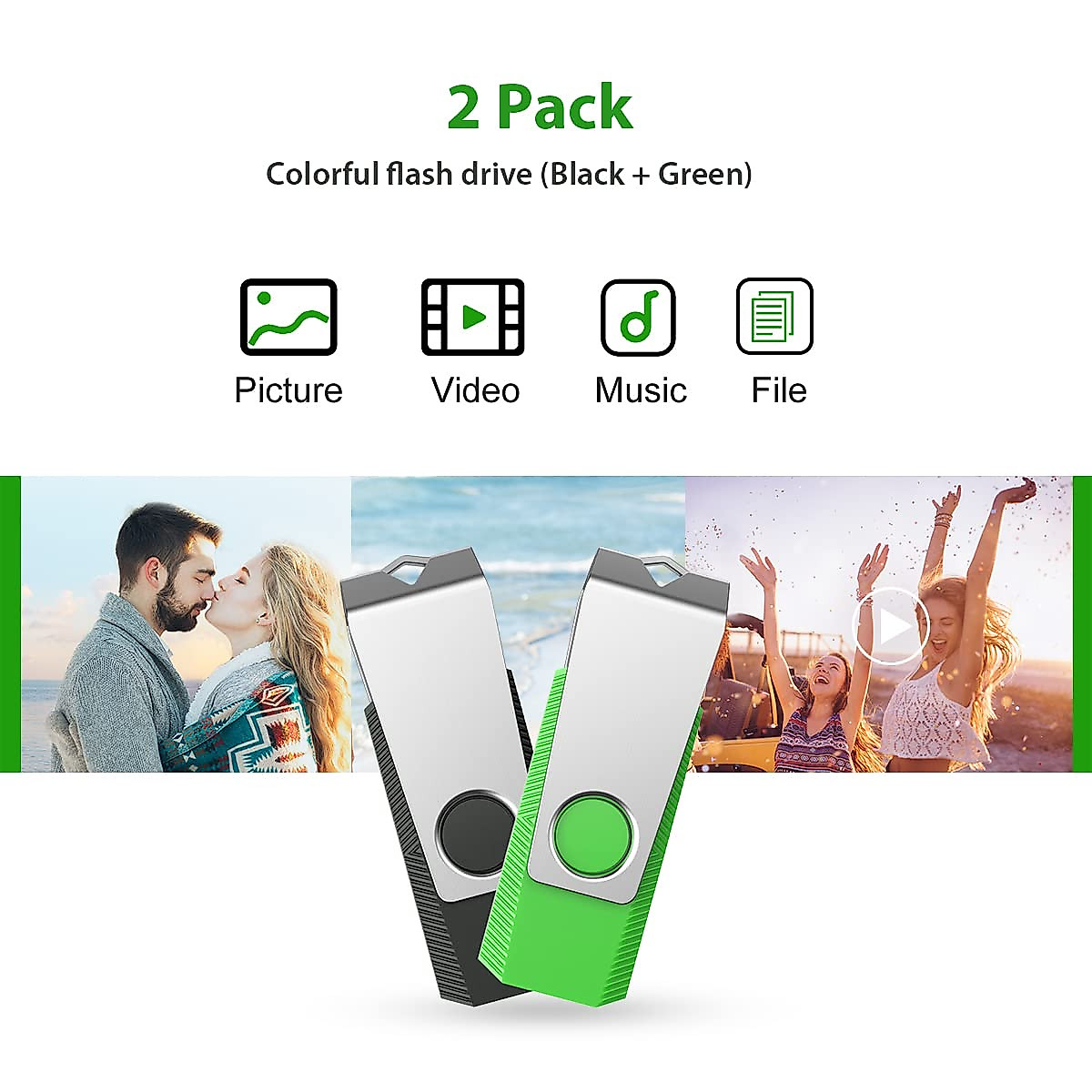Aiibe 64GB Flash Drive 2 Pack 64GB USB Flash Drive Thumb Drive Zip Drive USB 2.0 Memory Stick USB Drive with Keychain (64G, 2 Colors: Black Green)