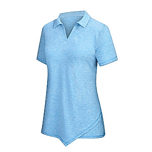 Viracy Golf Shirts for Women, Collared Polo Shirt Short Sleeve V Neck Yoga Running Tops Irregular Hem Moisture Wicking Tennis Apparel,Blue-XL
