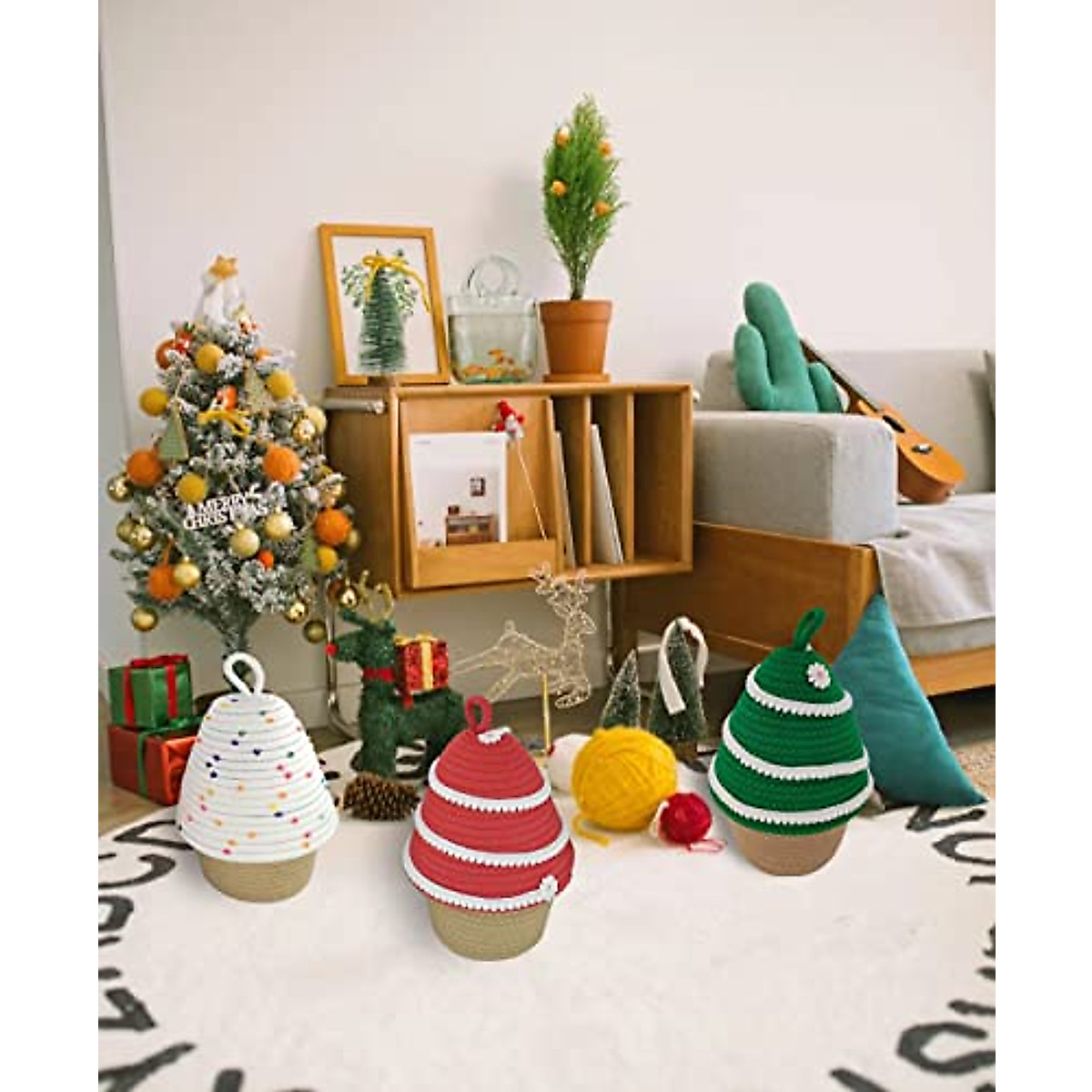 Mushroom Basket Cotton Rope Storage Basket with Lid Pack of 3 for Organizing Christmas Tree