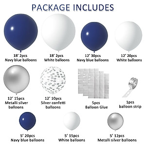Navy Blue Silver Balloons Arch Kit 130 PCS Navy Blue Balloon Garland With White Silver Confetti Latex Balloons Different Sizes For Graduation Rugby Baby Shower Wedding Birthday Party Decorations