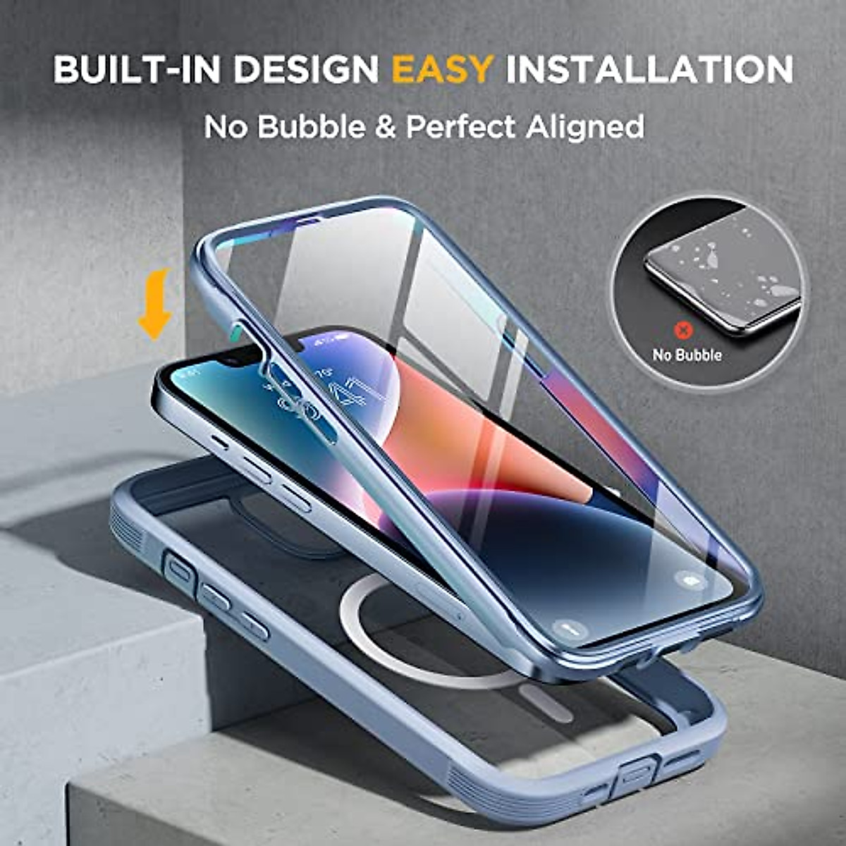 Miracase Magnetic iPhone 14/13 Case with Magsafe, Full-Body Bumper, Anti-Fingerprint 9H Tempered Glass, Dust Port - Blue