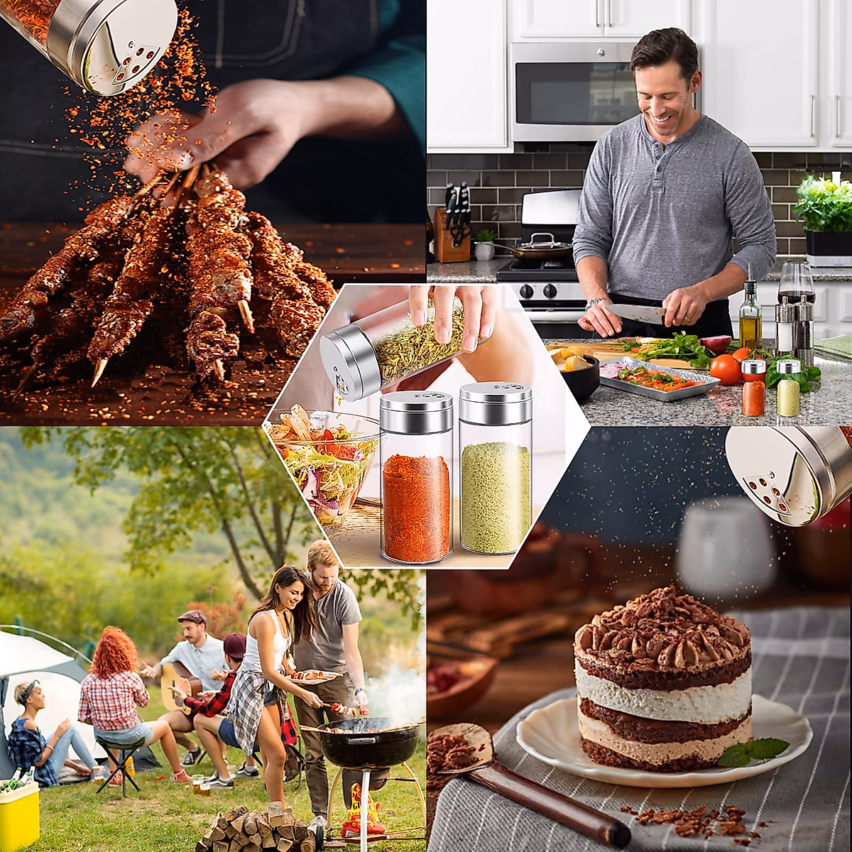 Salt and Pepper Shakers Set 4pcs, Spice Shaker for Kitchen, Pepper and Salt Container with Stainless Steel Lid, Glass Salt Shaker with Adjustable Pour Holes